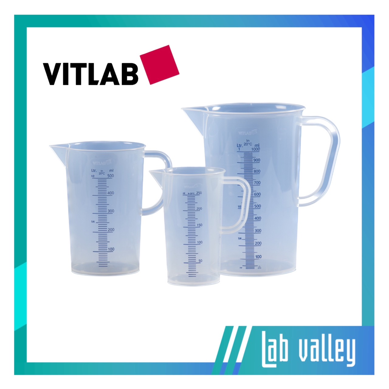 บีกเกอร์พลาสติก สเกลฟ้า มีหูจับ ทรงสูง Beaker plastic blue scale ยี่ห้อ Vitlab, Germany - แล็ป ...