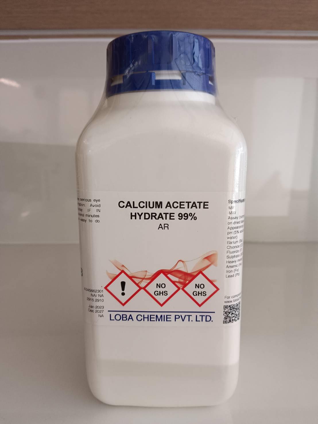 Calcium acetate hydrate 99% AR.grade (500 กรัม/ขวด) ยี่ห้อ Loba, india - แล็ป วัลเล่ย์ | สารเคมี ...