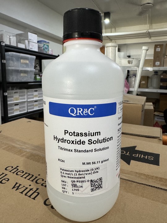 Potassium hydroxide 0.1N solution (1 ลิตร/ขวด) ยี่ห้อ Qrec, Newzealand - แล็ป วัลเล่ย์ | สารเคมี ...